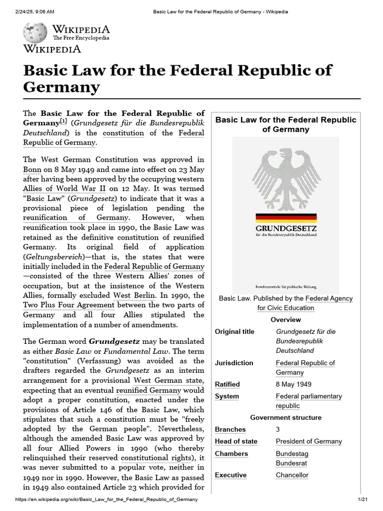 Basic Law For The Federal Republic of Germany - Wikipedia | PDF ...