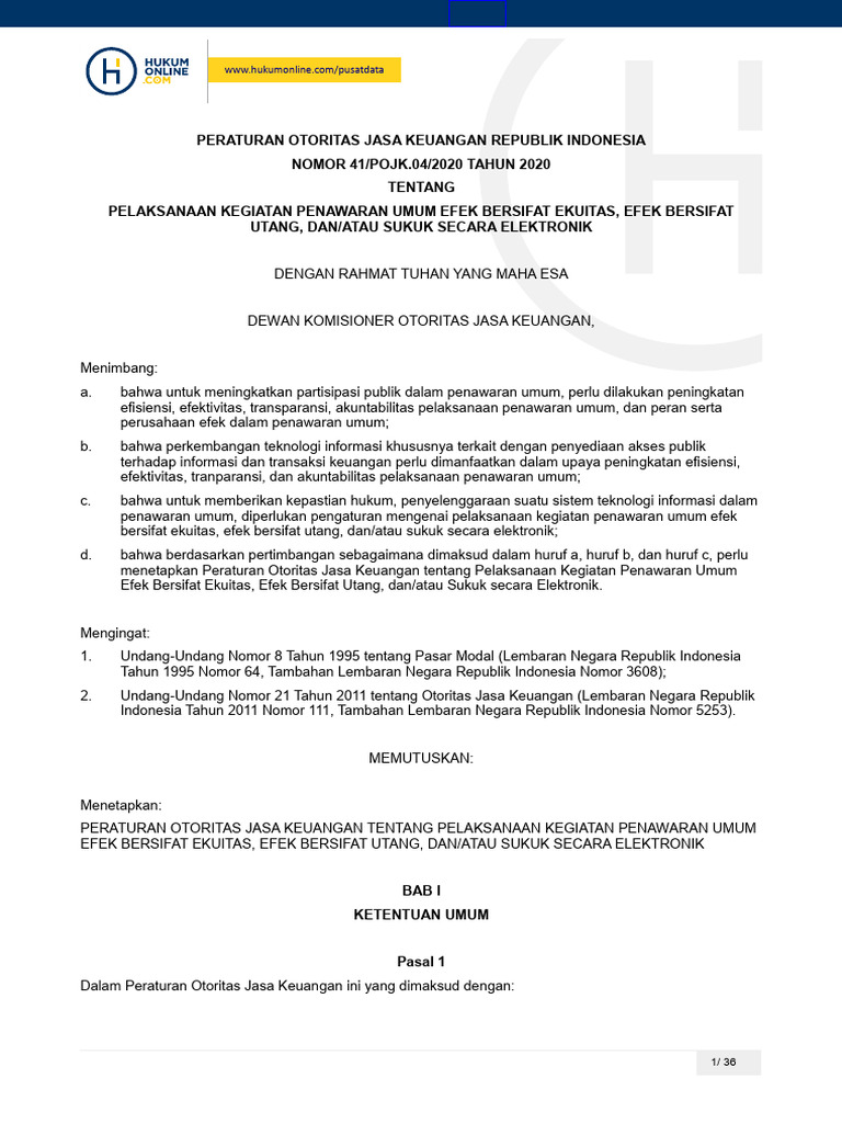 POJK 41 2020 Tentang Pelaksanaan Kegiatan Penawaran Umum Efek Bersifat ...