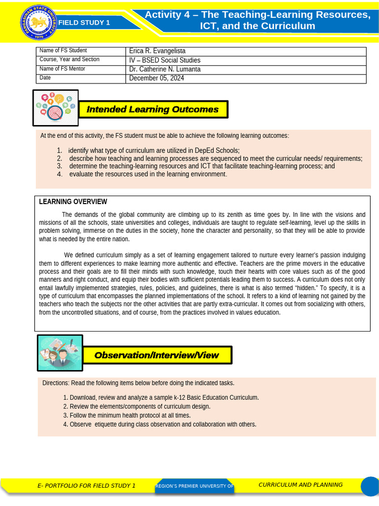 Fs1 Activity 4 Erica Done | PDF | Curriculum | Educational Technology