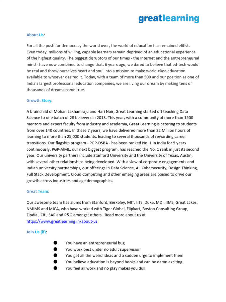 Great Learning - JD - Program Manager | PDF | Cognition | Learning