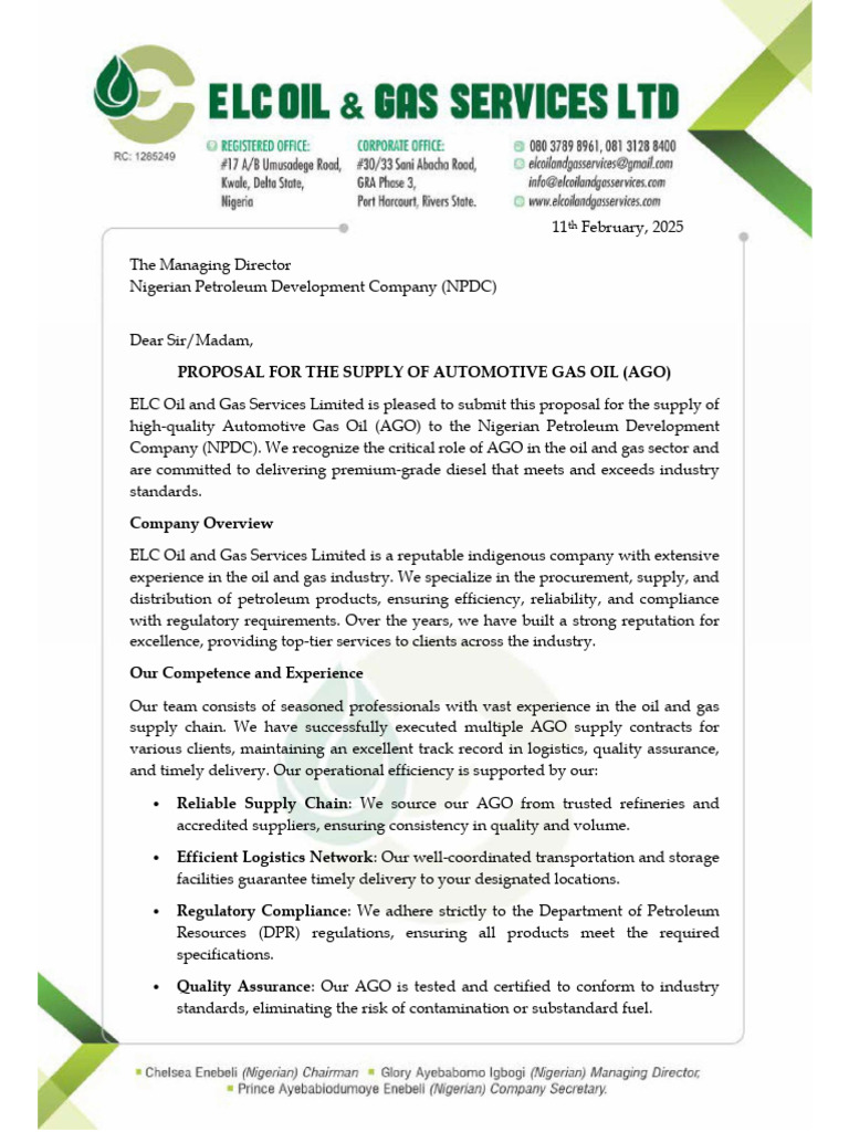 Proposal for Supply of AGO to NPDC | PDF | Diesel Fuel | Petroleum
