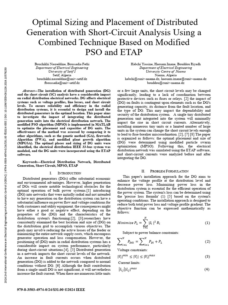 Optimal Sizing and Placement of Distributed Generation With Short-Circuit Analysis Using A ...