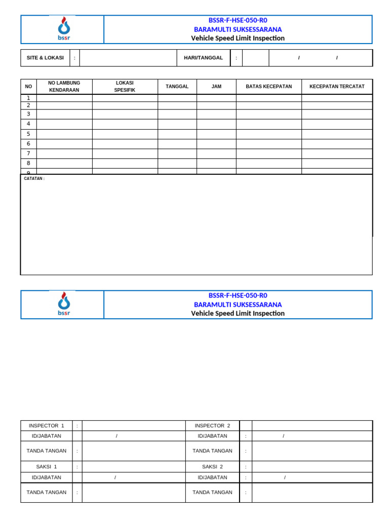 Bssr-F-Hse-050-R0 - Form Vehicle Speed Limit Inspection | PDF