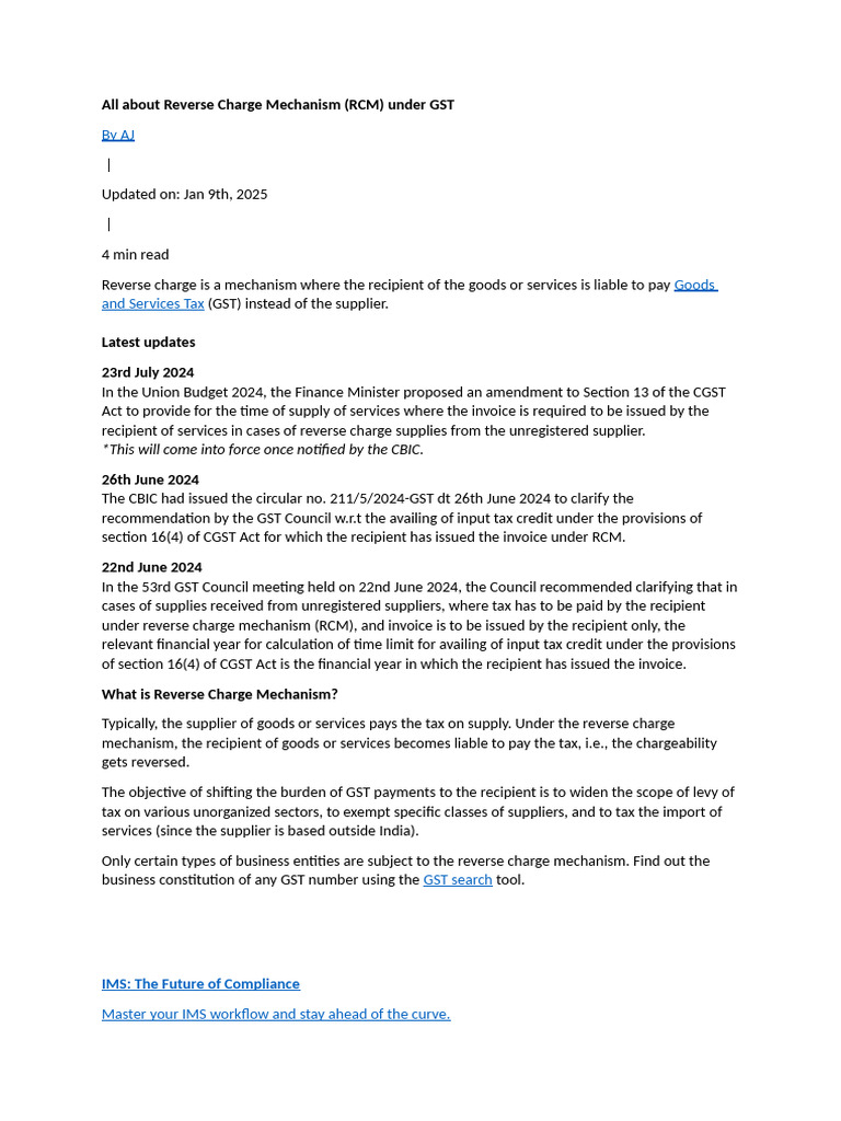 Reverse Charge Mechanism | PDF | Invoice | Taxes