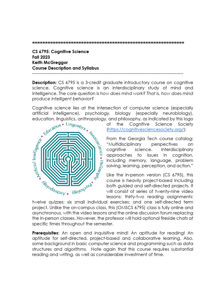 OMSCS6795-CogSci-Fall2023-Syllabus-v1 | PDF | Cognitive Science | Science