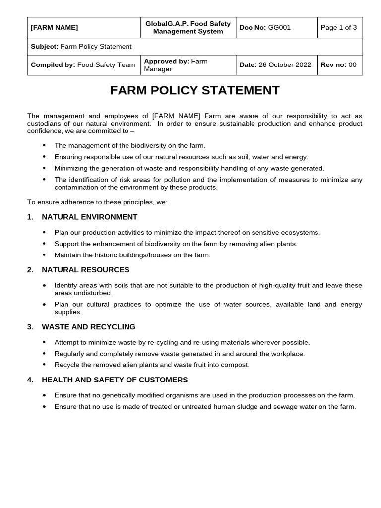 GG001 GlobalG.A.P Farm Policy Statement Sample | PDF | Waste | Recycling