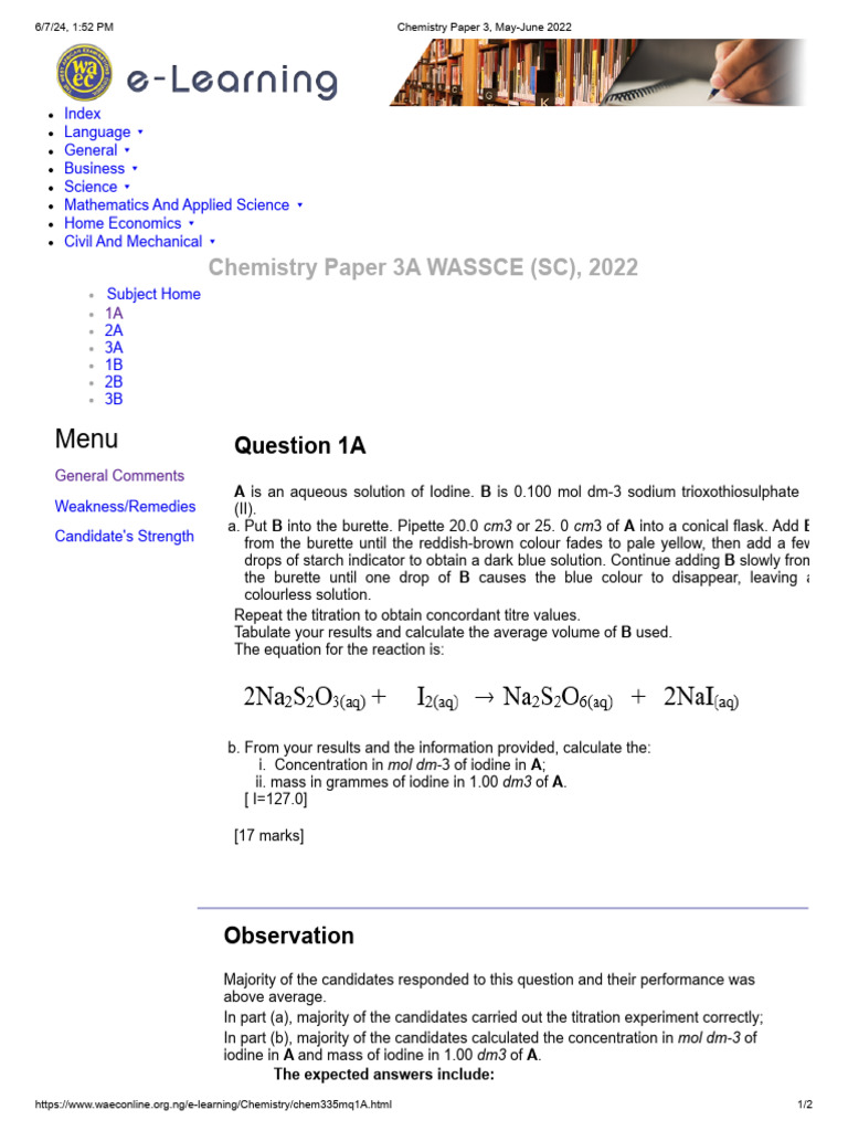 Wassce Waec 2022 Chemistry Paper 3 Past Questions and Answers PDF | PDF | Titration | Chemistry