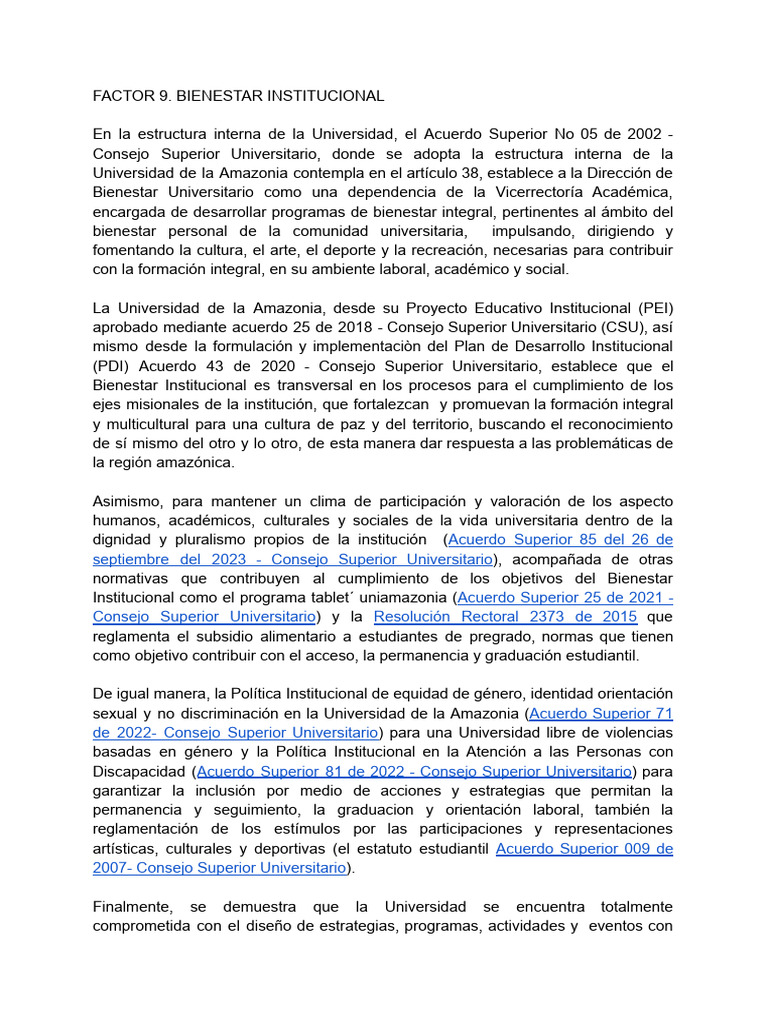 Borrador Informe Autoevaluación Factor 9 Bienestar Institucional 27 Sep | PDF | Inclusión ...
