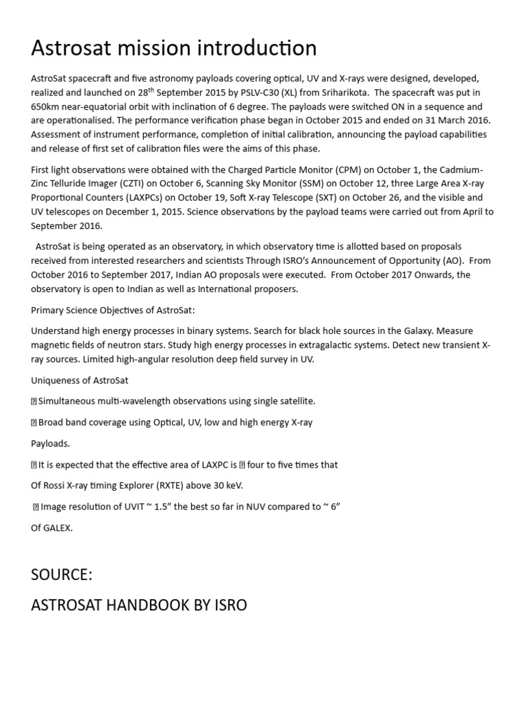 Astrosat Documentation | PDF | Telescope | Black Hole