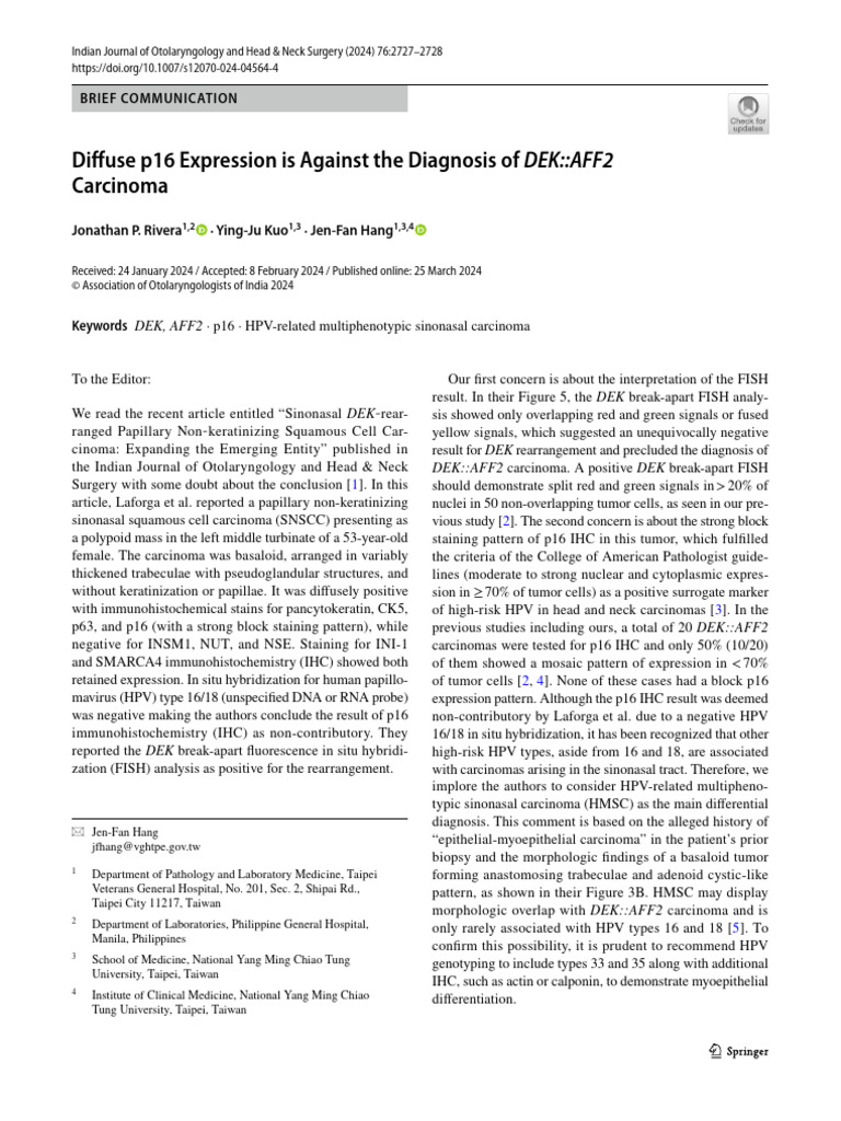 Diffuse p16 Expression Is Against The Diagnosis of DEK::AFF2 Carcinoma ...