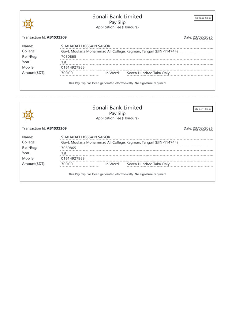 Sonali Bank Honours Fee Pay Slip | PDF