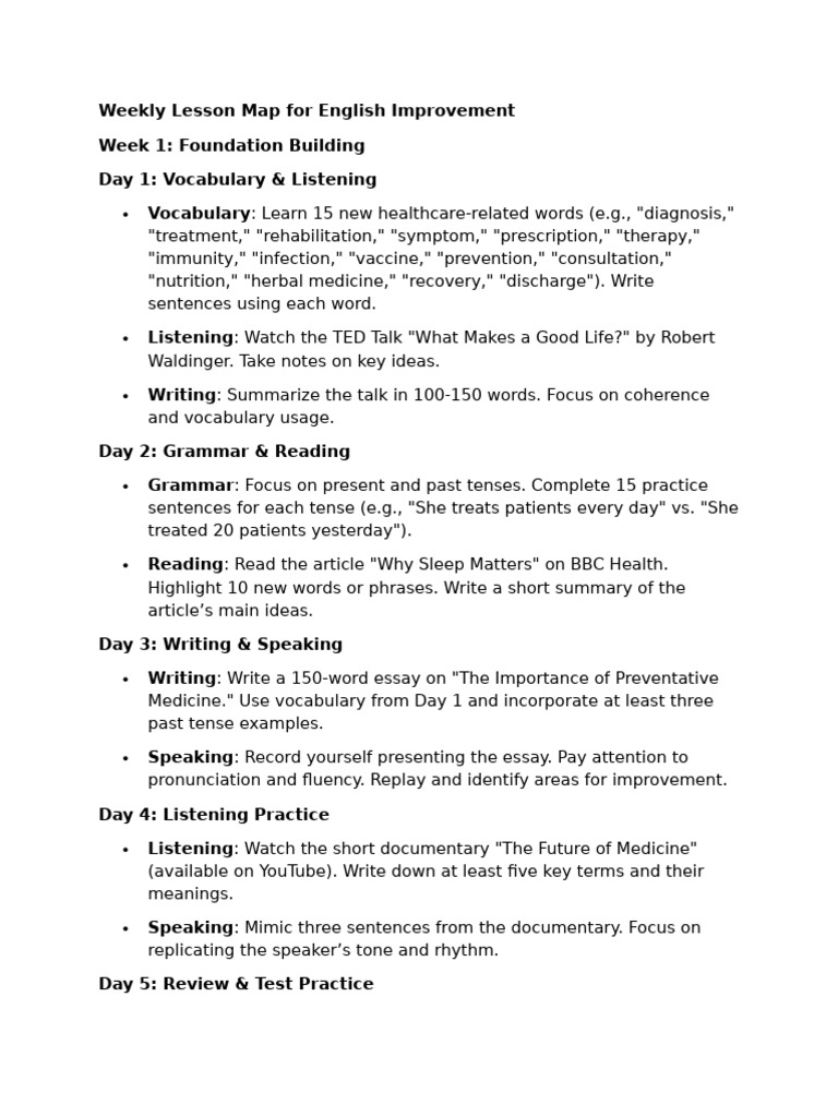 Weekly Lesson Map For English Improvemen | PDF | English Language ...