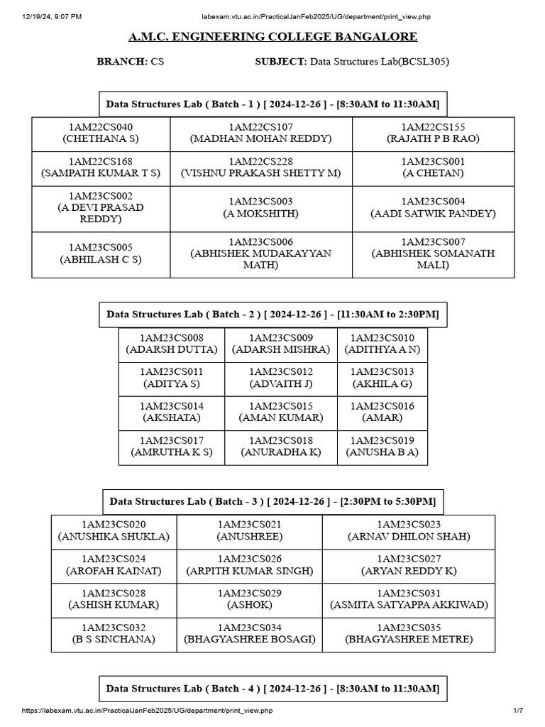 DataStructureLab BCSL305 LabSchedule | PDF