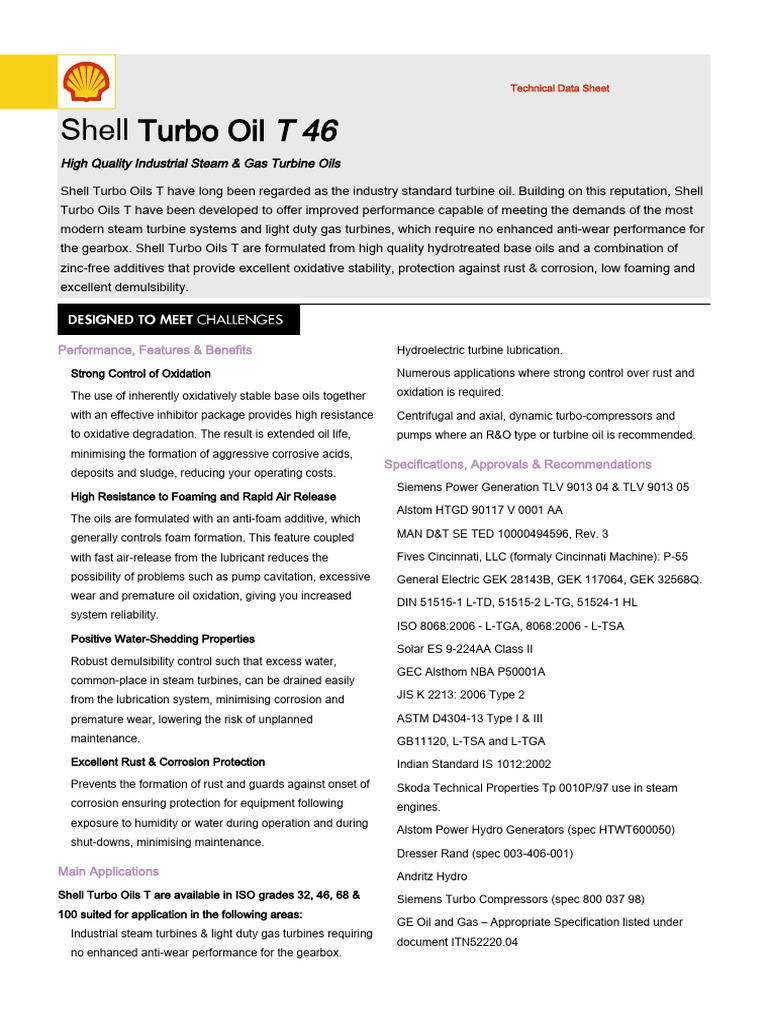 Shell Turbo T 46 | PDF | Motor Oil | Turbocharger