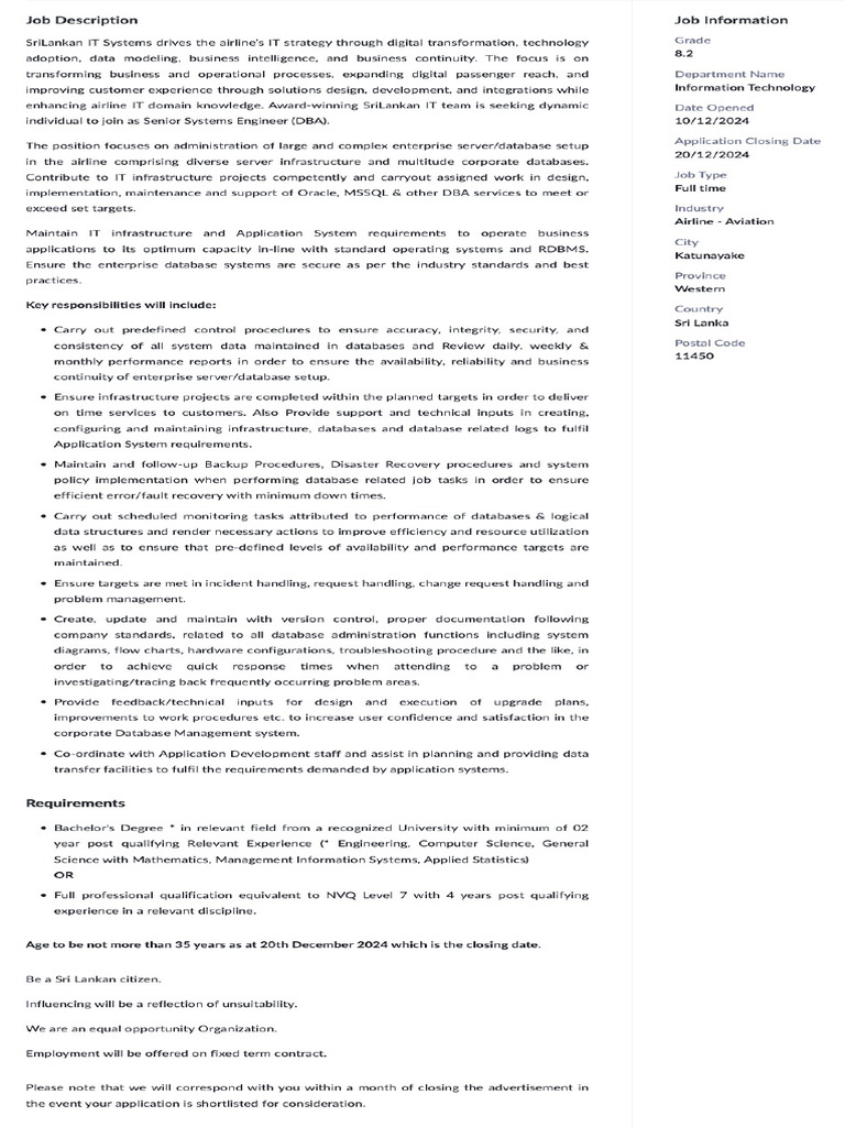 Senior Systems Engineer (DBA) - Sri Lankan Airlines | PDF