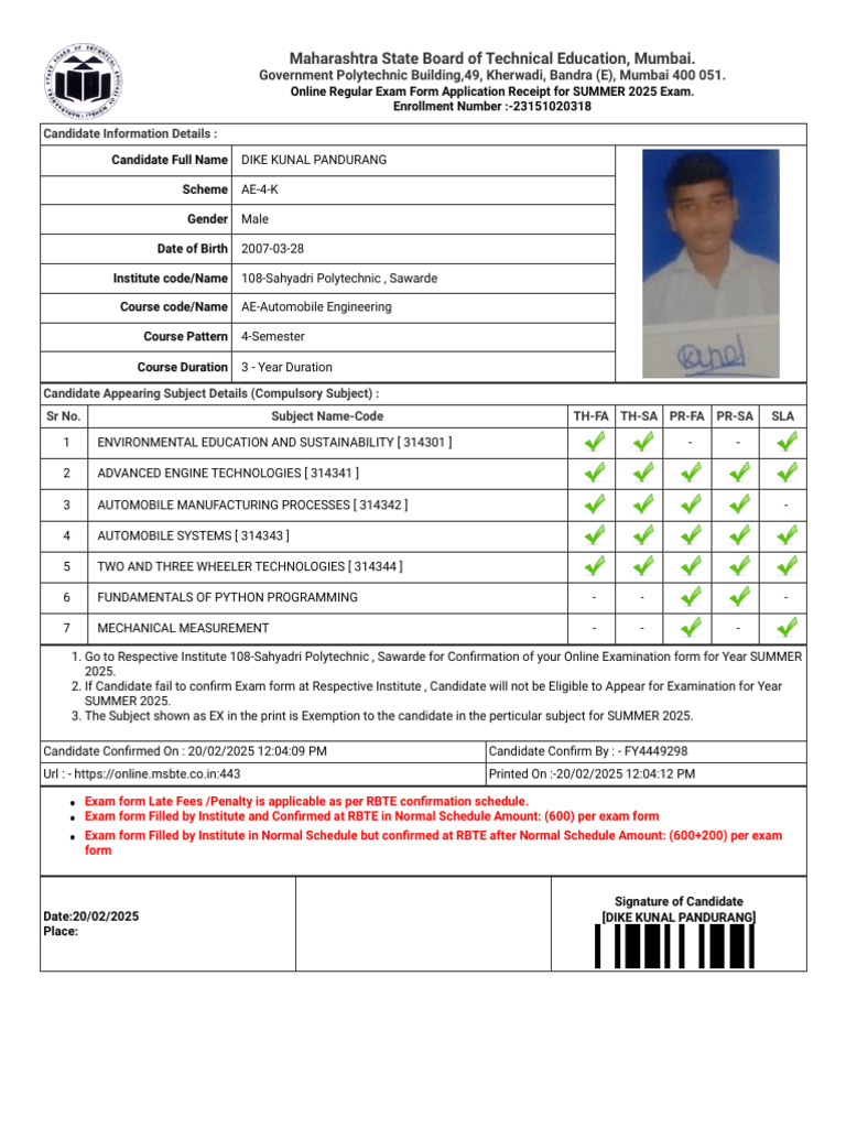 Exam Form Application of Candidate For | PDF | Educational Stages