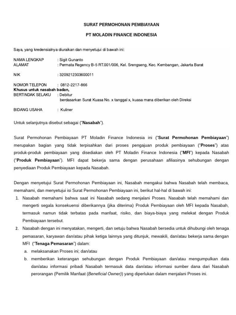 Form Consent Customer MOFI Sigit Gunanto | PDF