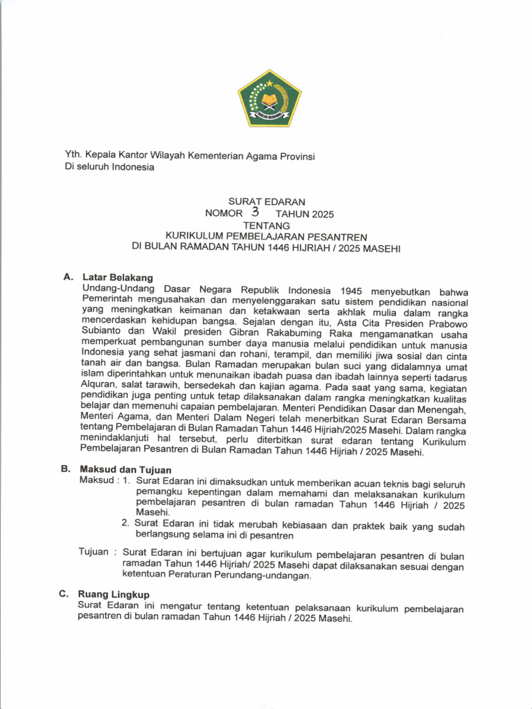 Surat Edaran Kurikulum Pembelajaran Pesantren Di Bulan Ramadan Tahun 1446 H | PDF