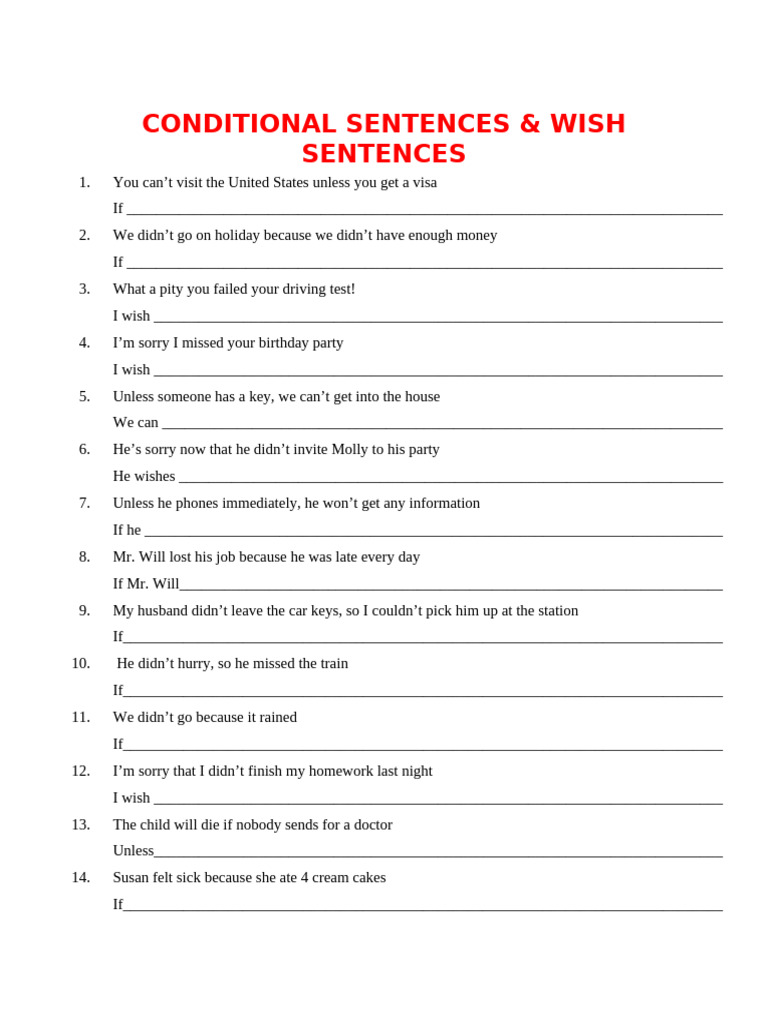 Conditional and Wish Sentences Exercises | PDF