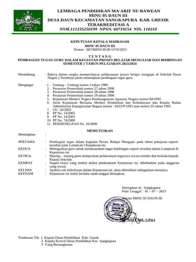 SK Pembagian Tugas Guru 2023-2024 | PDF