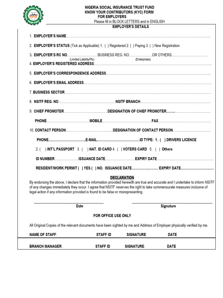 KYC Form for NSITF Registration | PDF | Government And Personhood