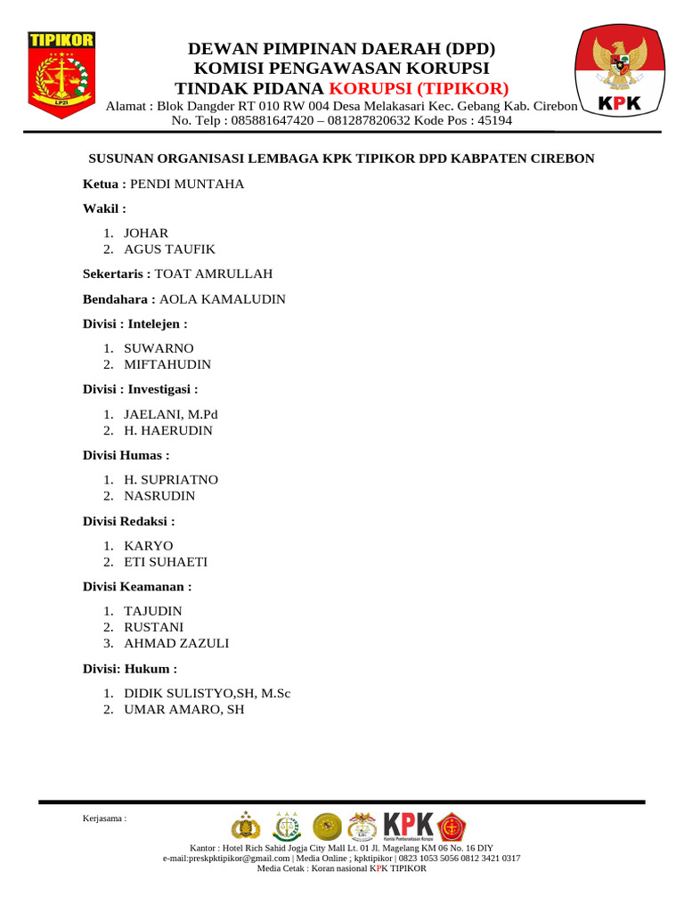 Struktur Organisasi KPK TIPIKOR DPD Cirebon | PDF