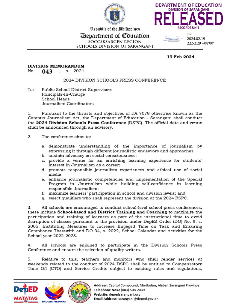 DM 043 2024 2024 Division Schools Press Conference | PDF | Digital ...