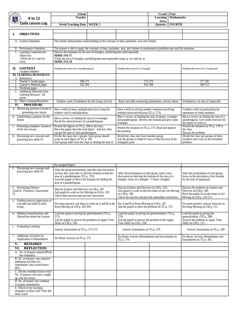 DLL Mathematics Grade4 Quarter4 Week2 (Palawan Division) | PDF | Area | Cognition