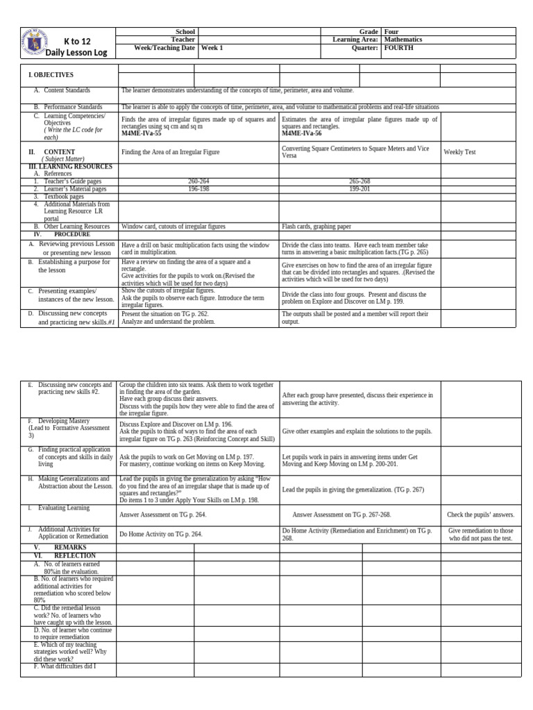 DLL Mathematics Grade4 Quarter4 Week1 (Palawan Division) | PDF | Area | Learning