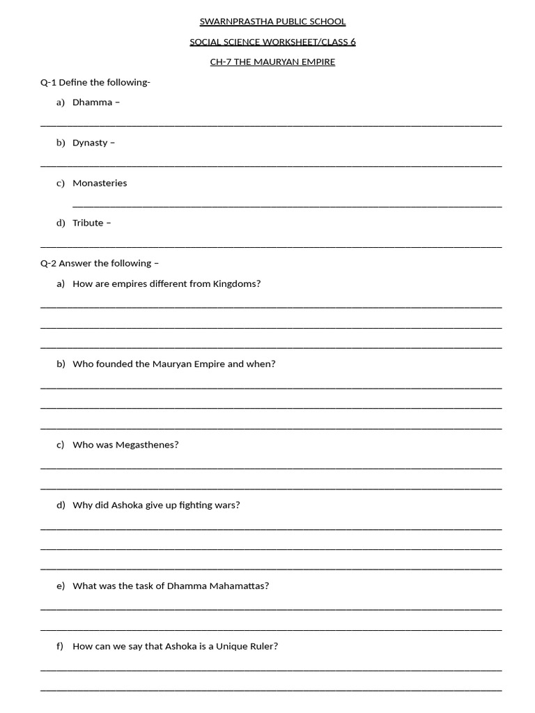 SSC Worksheet - Mauryan Empire (Class 6) | PDF | South Asia | Asia