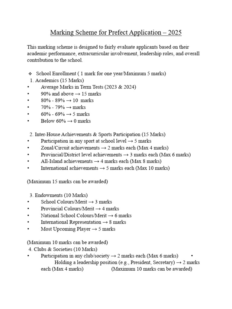Marking Scheme For Prefect Application | PDF