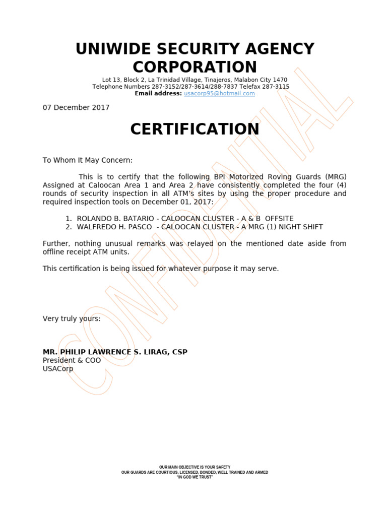 Sample mrg final certfication | PDF
