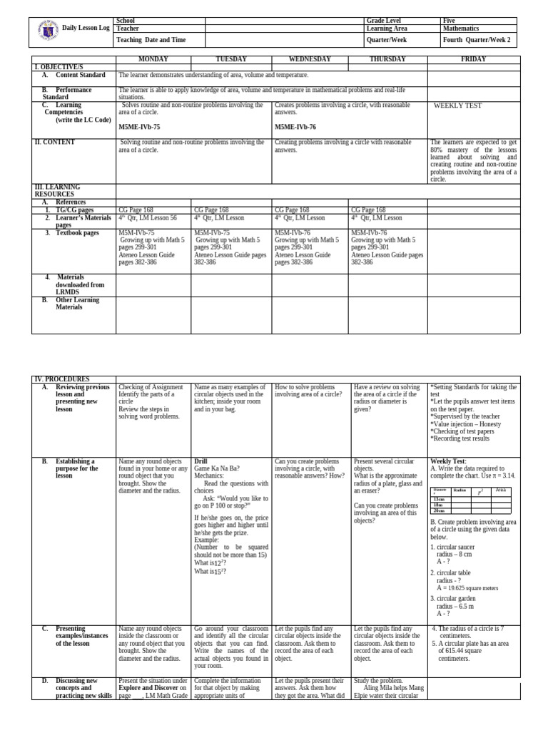 DLL Mathematics Grade5 Quarter4 Week2 (Palawan Division) | PDF | Area | Circle