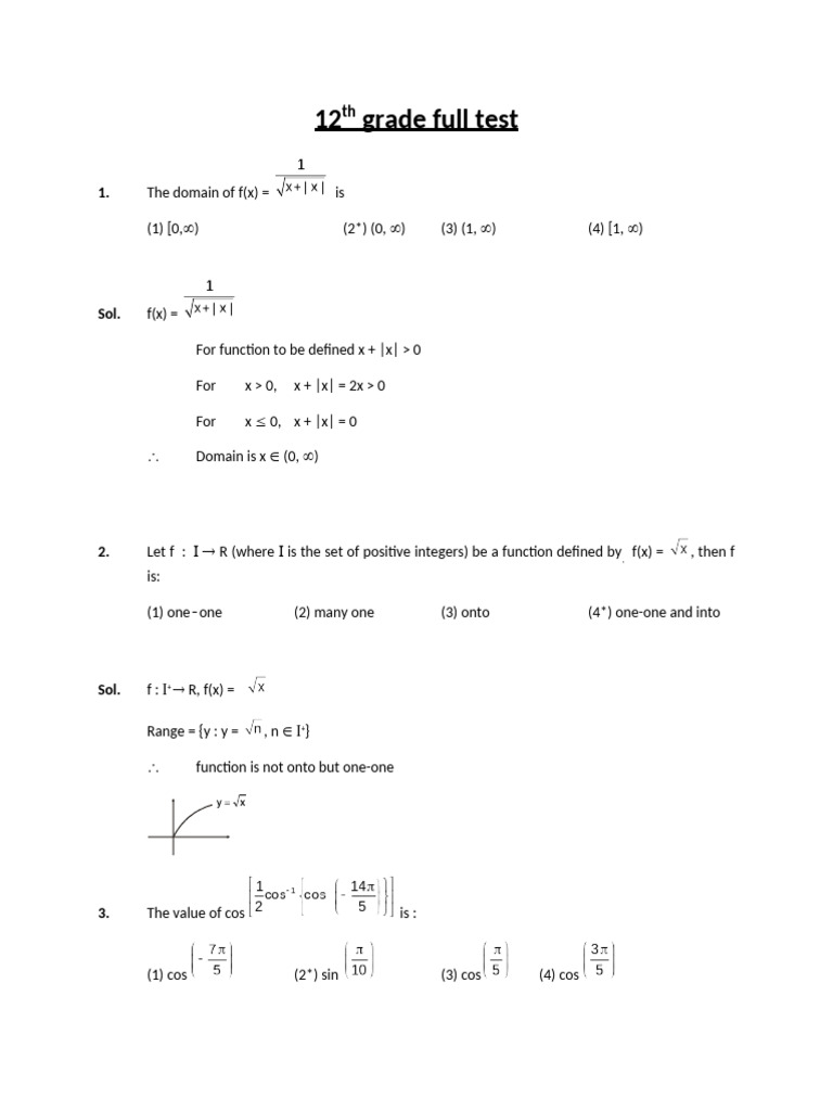 12th Grade Math Test Questions | PDF | Derivative | Function (Mathematics)
