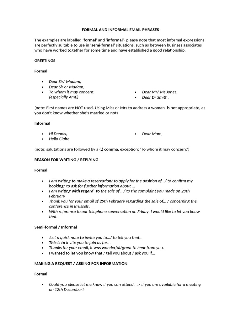 Formal and Informal Email Phrases | PDF