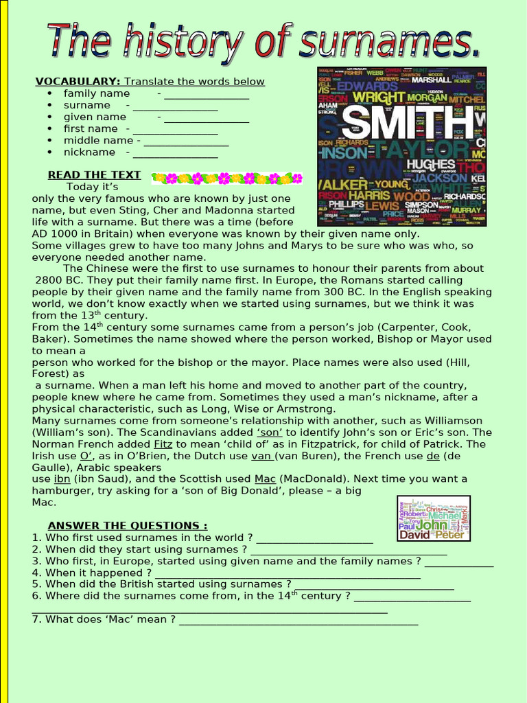 1A The History of Surnames Especially British Key Reading Comprehension ...