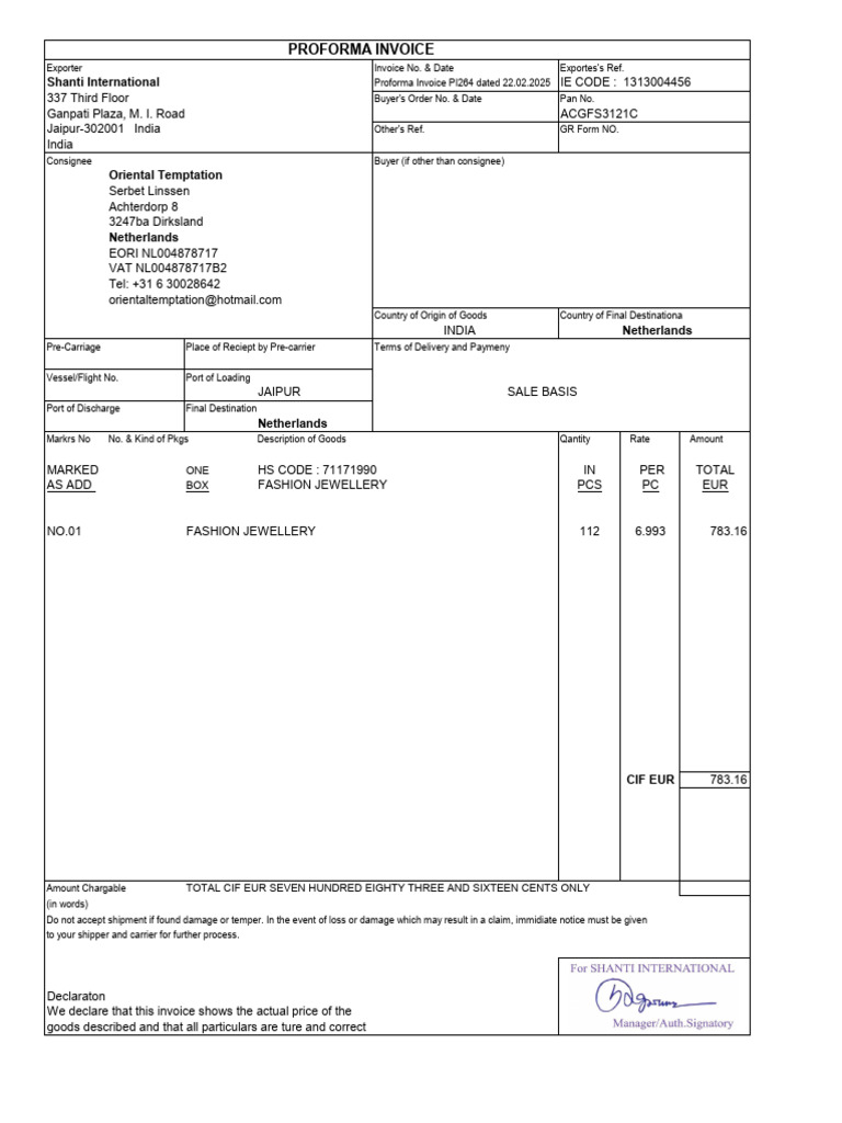 Proforma - Invoice - Oriental Temptation - Netherlands - 22nd - Feb ...