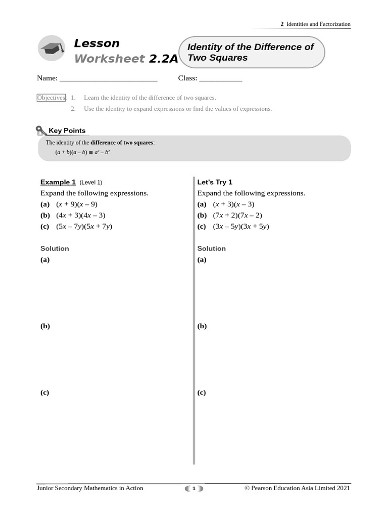 F.2 Math Exercise Identity of the difference of two squares | PDF ...