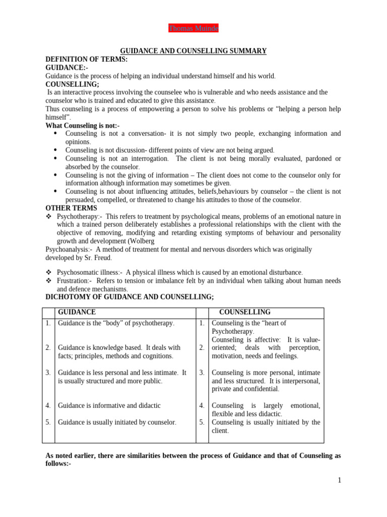 Guidance and Counselling Summary | PDF | Psychotherapy | Counseling ...