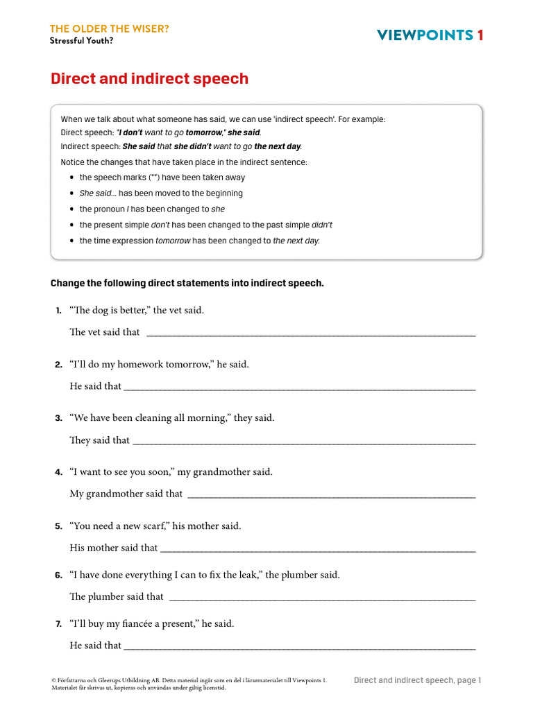 Direct And Indirect Speech Exercise Pdf Language Mechanics