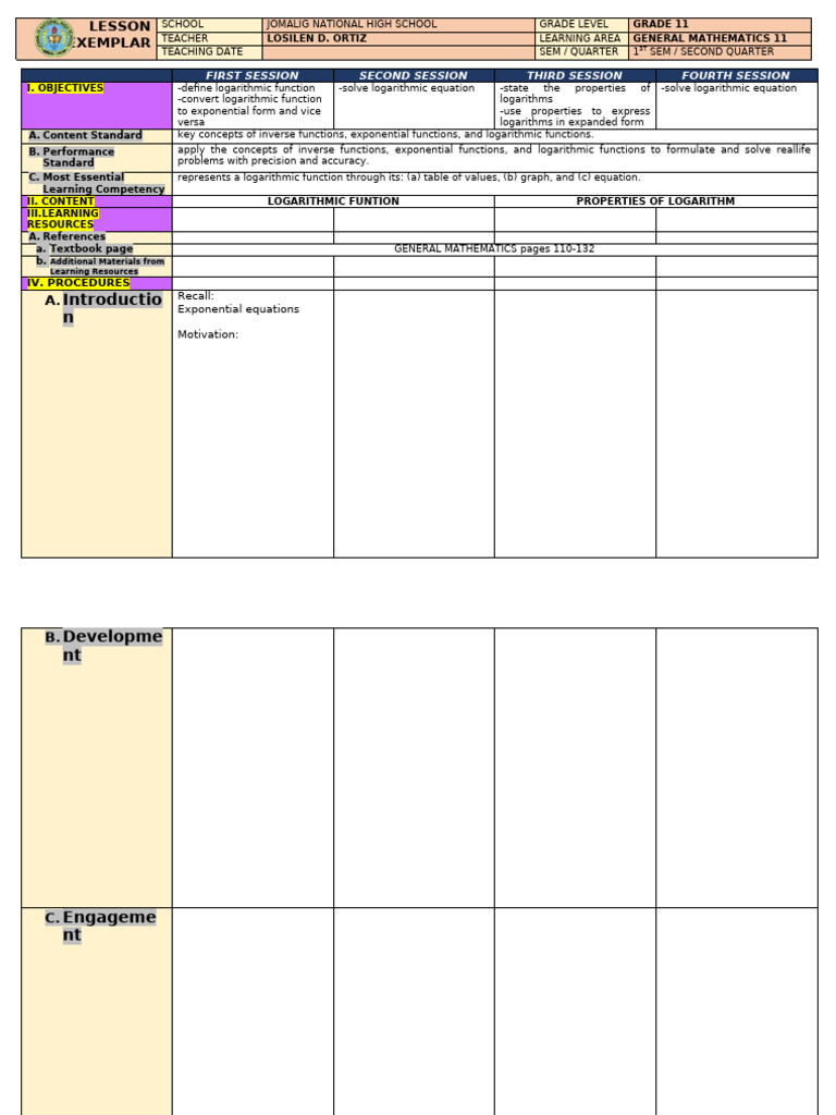 LESSON EXEMPLAR EDITED | PDF | Logarithm | Function (Mathematics)
