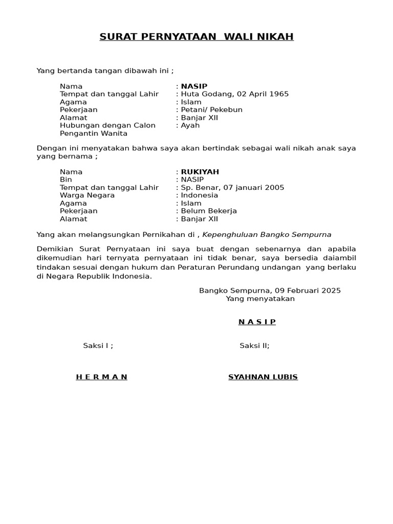 Surat Pernyataan Wali Nikah | PDF
