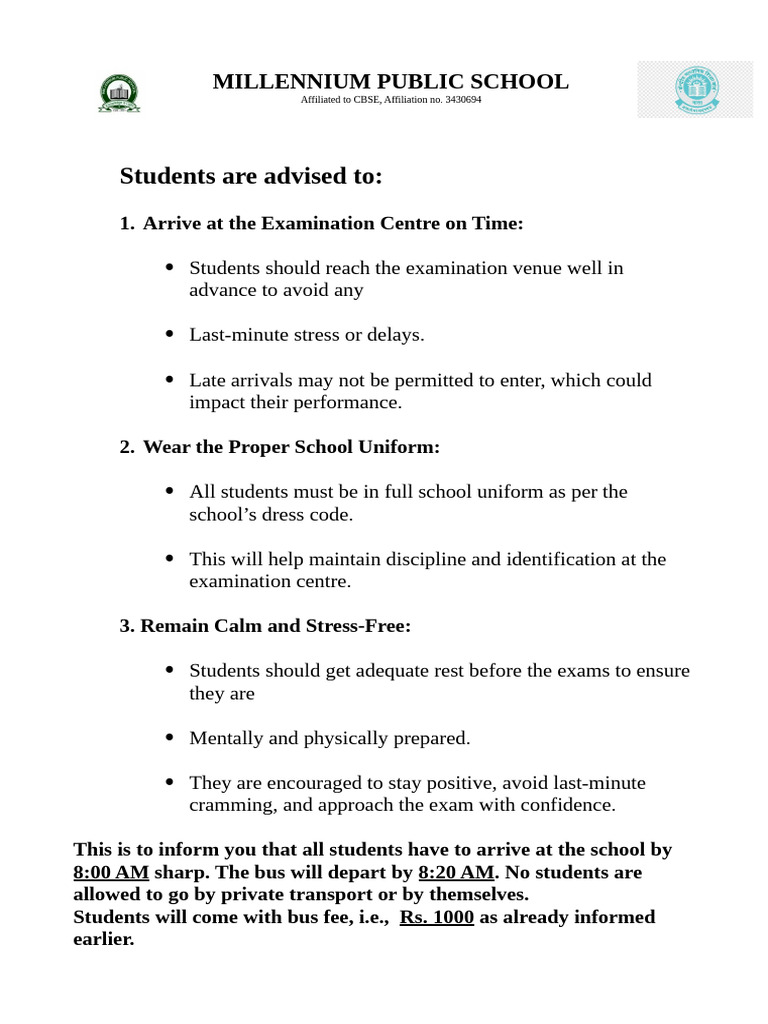 Exam Day Guidelines for Millennium School | PDF