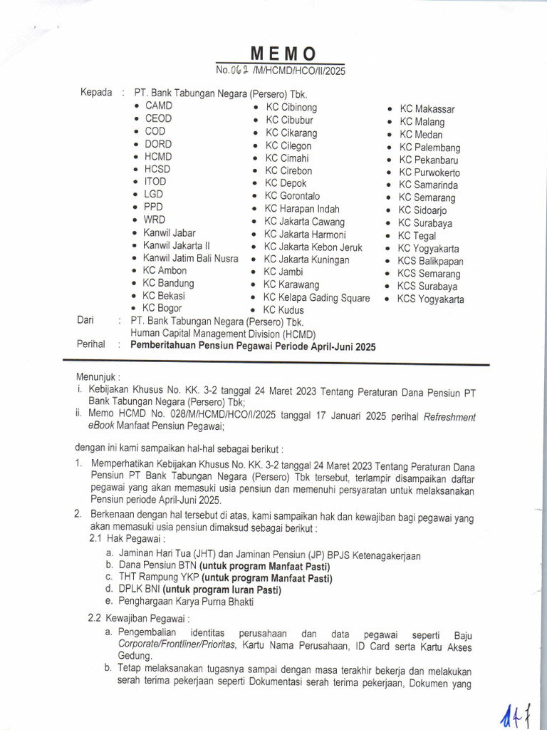 062.M.HCMD - Hco.ii.2025 Pemberitahuan Pensiun Pegawai Periode April-Juni 2025 - 0001 | PDF
