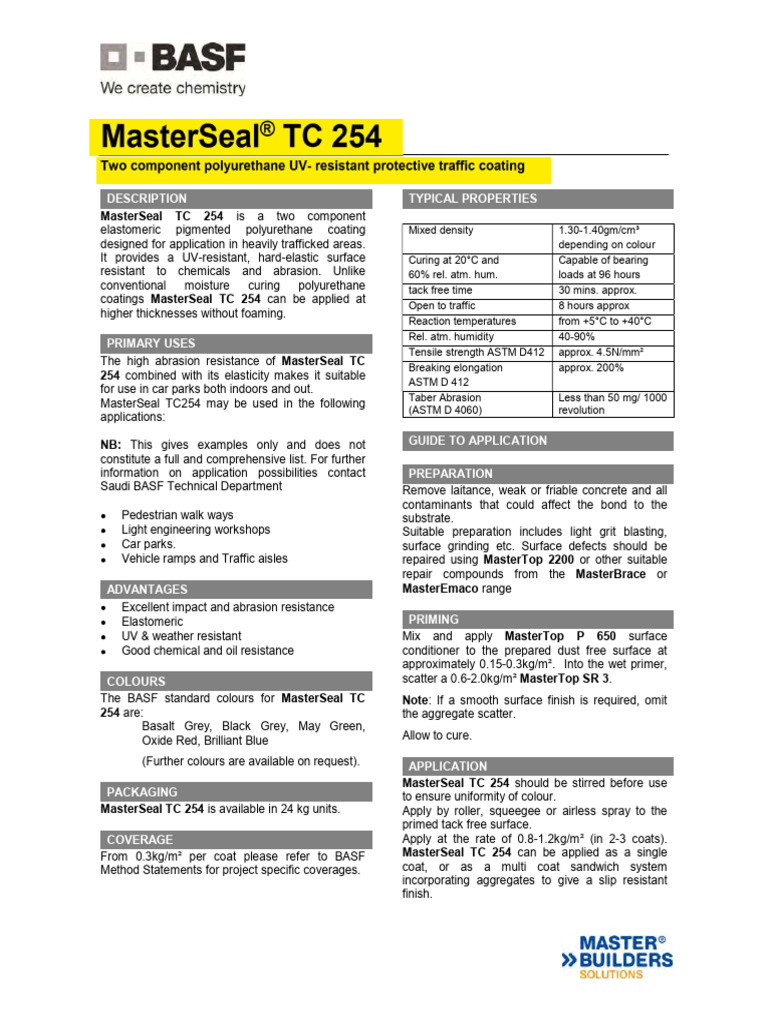 Masterseal TC 254 Epoxy Paint Data Sheet | PDF | Coating | Paint