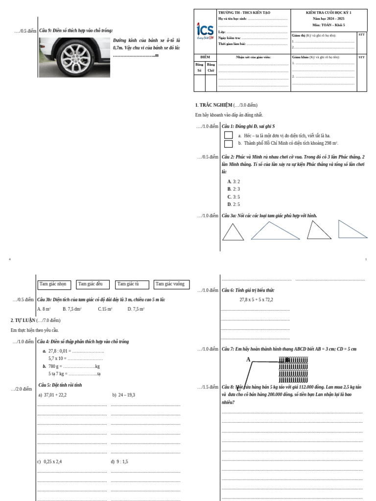 Đề 1-Toán 5 - CKI | PDF