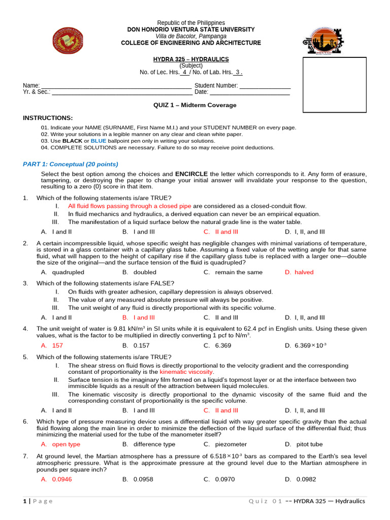 23 24 Quiz 01 Hydra 325 Bsce 3f 3h With Answers | PDF | Liquids | Pressure