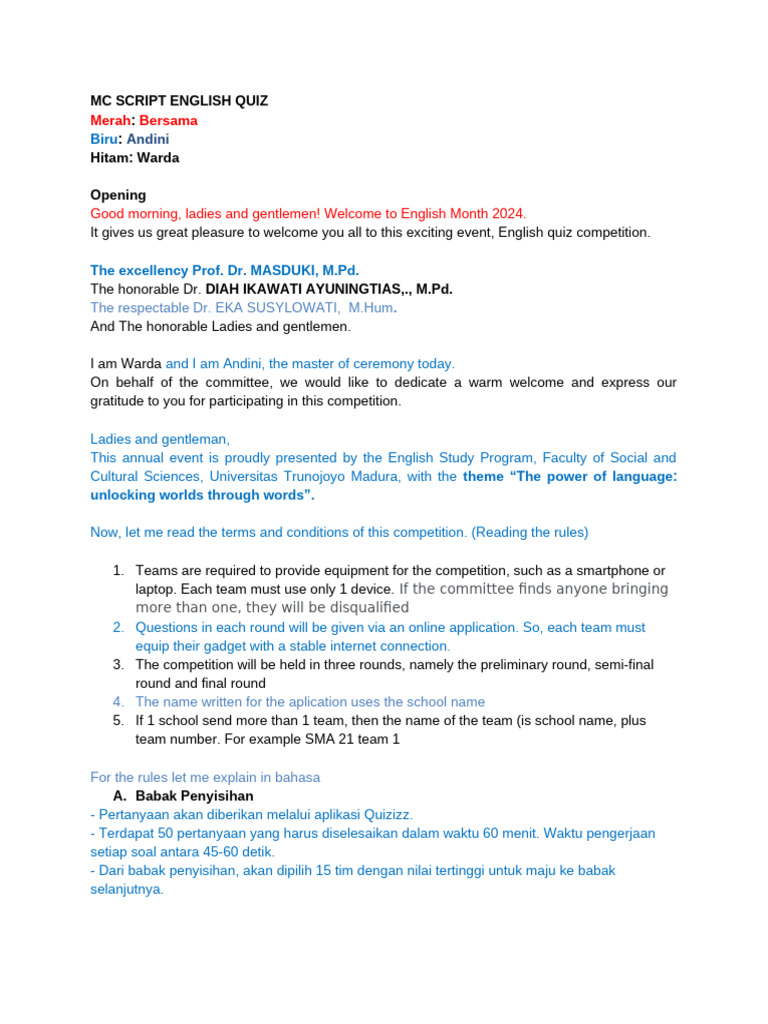 English Quiz Competition 2024 Guide | PDF