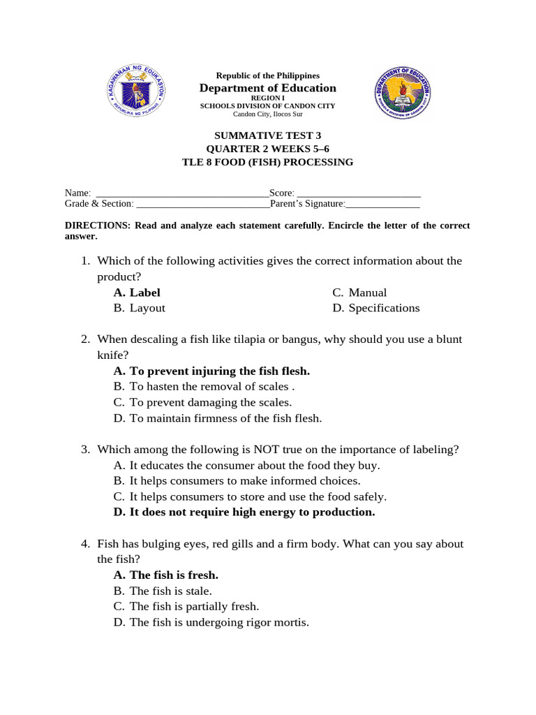 TLE 8 Summative Test: Fish Processing | PDF