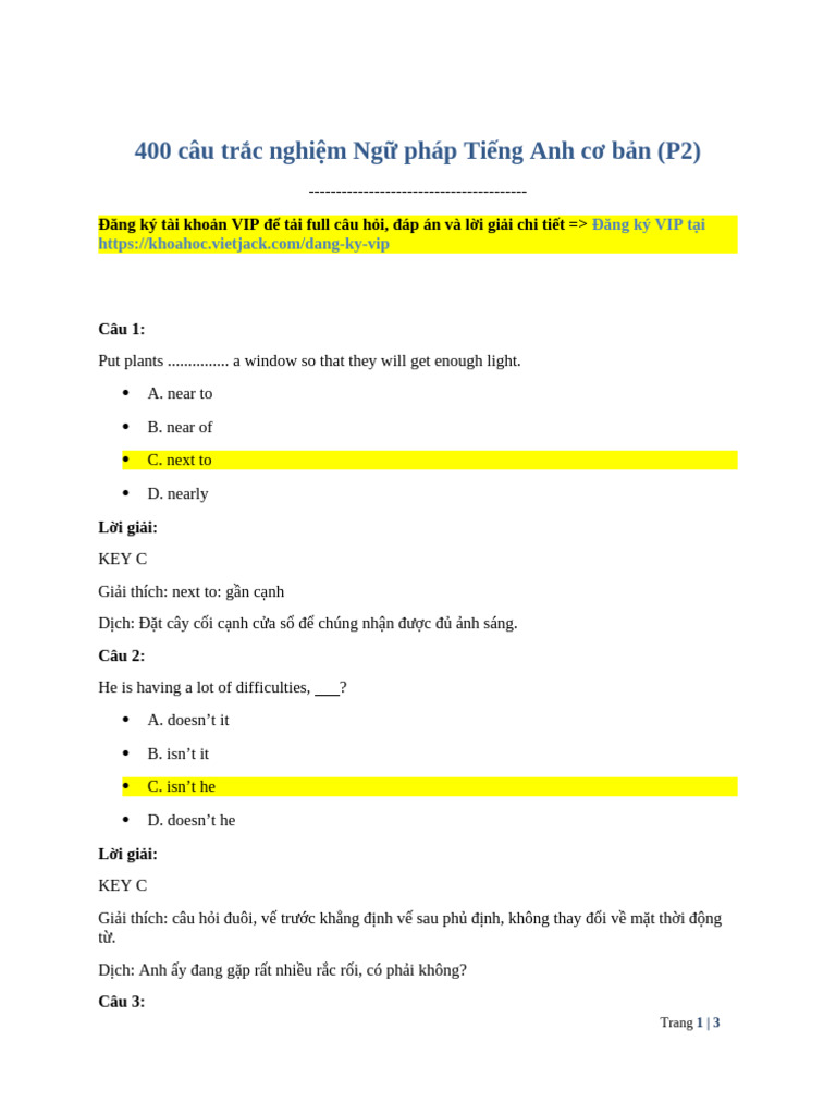 400 Cau Trac Nghiem Ngu Phap Tieng Anh Co Ban p2 2025-02-07 | PDF